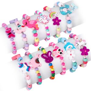 g.c 12 pcs girls bracelets jewelry for kids cute unicorn mermaid animal pendant colorful wooden beaded bracelets princess pretend play gifts for toddlers