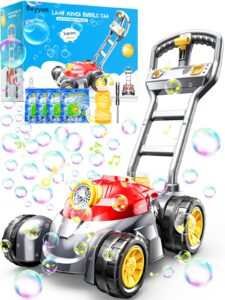 (upgraded) bubble lawn mower, beyyon red lawn mower bubble machine for kids, bubble machine for toddlers 1-6 outdoor, gardening push lawn mower toys birthday gifts for preschool kids boys, girls