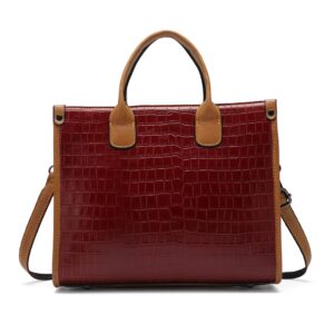 shestory women genuine leather tote handbag shoulder bag women crocodile pattern top-handle purse (wine)