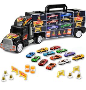 toy truck transport car carrier toy for boys and girls age 3-10 yrs old - hauler truck includes 12 toy cars and accessories - car truck fits 28 car slots - ideal gift for kids