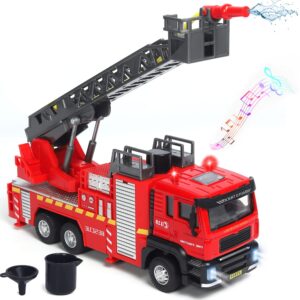 geek cheers real fire truck toy, alloy model functional firetruck with water pump, extendable rotating rescue ladder, lights & siren sounds, friction-powered car for gift for boys girls ages 3+