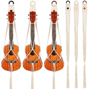 3 pieces 21 to 24 inches, macrame ukulele hanger macrame wall mount hanger boho ukulele wall mount hanging stand holder for soprano ukulele case wall decor alternative kit, black ring and wooden bead