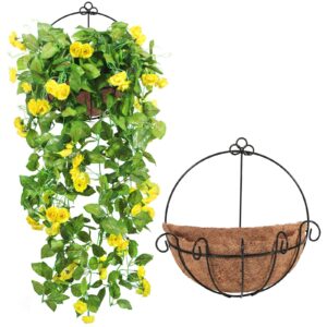 eurobird artificial flowers hanging basket for outdoor indoor, fake silk flowers, handmade metal wall mount basket with artificial rose flowers for home, patio, garden, lawn decoration (yellow)