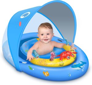 laycol baby pool float with upf50+ sun protection canopy and toy play console for infant, toddler, adjustable safety seat for 3-36 months