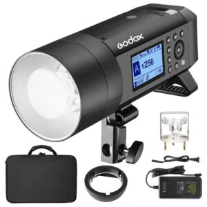 godox ad400 pro all-in-one outdoor flash, 400w 2.4g wireless x system ttl strobe light, 1/8000 hss flash monolight,390 full power pops, 0.01-1s recycle time, 30w led modeling lamp