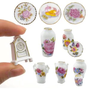 iland miniature dollhouse accessories for dollhouse furniture, mini porcelain vases and decorative plates w/a desk clock (elegant rose 11pcs)