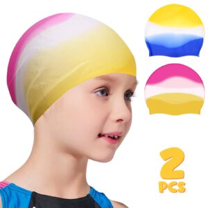 swim cap, 2 pack durable silicone swimming caps for kids girls boys youths (age 4-25), waterproof kids swim caps, comfortable fit for long hair and short hair adults youth universal swimming caps