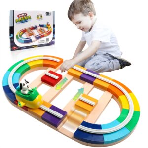 operma race track slot car racing track with electric cars for boys kids, 54pcs toy race car set colorful preschool speedway track building blocks for toddlers child 3-7 years birthday