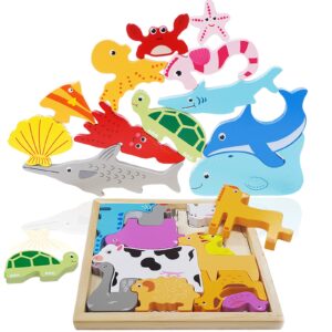 luvios toddler toys stacking toys & building blocks & farm animals for toddlers 1-3, wooden puzzles for kids ages 3-5 wooden montessori toys funny gifts for 1 2 3 4 5 year old boys girls toys