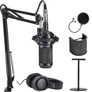 audio-technica at2035pk studio condenser microphone pack with ath-m20x headphones and cabled boom arm with desktop headphone stand, metal mesh microphone pop filter and flexible pop filter