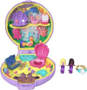 polly pocket keepsake collection mermaid dreams collectible compact, under-the-sea theme, special box, 2 mermaid dolls, wearable ring & more, collectible gift, ages 4 years old & up