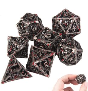 dnd dice,hollow d&d metal dice,dungeons and dragons dice set with gift box,7 pcs steampunk polyhedral dice games set for rpg,mtg,pathfinder,(dragon blood spattered)