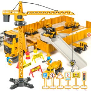 construction site vehicles toy set, kids engineering playset, tractor, excavator, crane, dump trucks, cement mixer, steamroller, birthday gift for 3 4 5 6 7 year old toddlers boys children