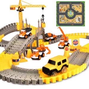 construction race tracks for kids toys for boys,slot car race track sets 5 car toys trucks and diy track,construction car site vehicles toy set for ages 3 4 5 6 7 8+ year old girls boys