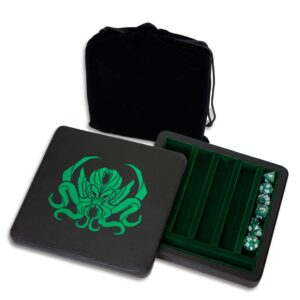 guarida dice - 7" rolling dice tray with strong magnetic lid and rolling surface - ample storage and case organizer for all your dice and minis! perfect for dnd or any dice rpg games - green cthulhu