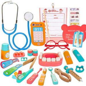 wooden dentist kit for kids, 41 pieces toy medical kit with stethoscope & medical storage bag, montessori pretend doctor kit toys for 3 4 5 6 years old boys girls