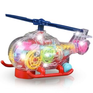 artcreativity light up transparent toy helicopter for kids, 1pc, bump and go toy car with colorful moving gears, music, and led effects, fun educational toy for kids, great birthday gift idea