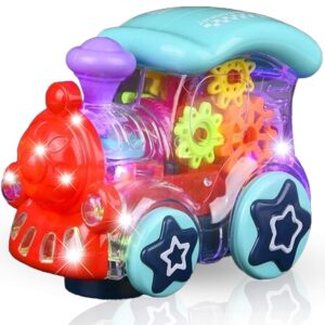 artcreativity light up transparent toy train for kids, 1pc, bump and go toy car with colorful moving gears, music, and led effects, fun educational toy for kids, great birthday gift idea