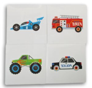 party supply cars and trucks party favors - temporary tattoos - monster truck, racecar, fire truck, police car - 24 cute square tattoos