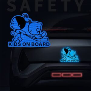 dreothy 2pcs kids on board car stickers,high intensity night safety warning baby on board sign vinyl stickers for cars motorcycle trucks bumper sticker window decal (blue)