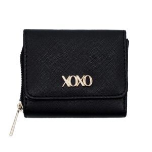 xoxo women’s wallet mini black saffiano zip around graffiti print indexer with chain crossbody strap