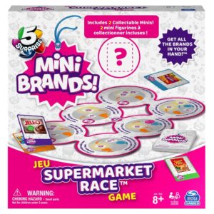 spin master 6063724 surprise mini brands supermarket race board game 5-piece set with 2 collectible movers