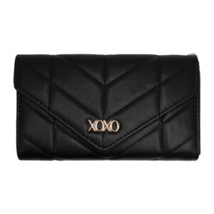 xoxo women’s wallet small black vegan leather quilted pattern fold with chain crossbody strap