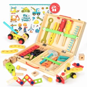 rundad wooden kids tool set – 37 pcs tool kit box with stickers of my first tools, montessori toys for 2 3 4 year old boy gift, tool construction set for toddler ages 3-5