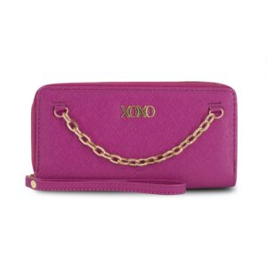 xoxo women’s wallet small magenta saffiano leather sleek zip around with chain and wristlet