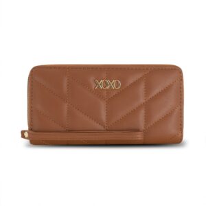 xoxo women’s wallet cognac vegan leather quilted pattern single zip around clutch with wristlet, xw321355g-42-a17