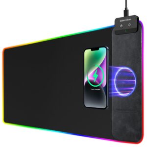 rgb gaming mouse pad with wireless charging 10w, 31.5"x11.8" x-large desk mat protector, [9 light modes] [light switch] [non-slip rubber base] [waterproof] keyboard mat