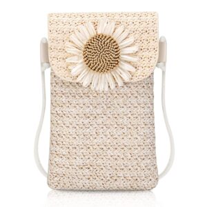 soleebee boho one shoulder crossbody phone bag small shoulder bag mini wallet for women storage bag woven leather trim phone bag compatible with multiple phone sizes, beige daisies