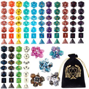 coyeekn dnd dice set, 20 x 7 (140 pieces) polyhedron dice 20 colors dice for dungeons and dragons dnd rpg mtg table games d4 d8 d10 d12 d20 with 1 large flannel bag