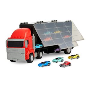 driven by battat – toy truck car carrier — truck toy with 34 storage space – 10 pull back cars included – detachable trailer – gift toy car for boys & girls & toddlers aged 3+