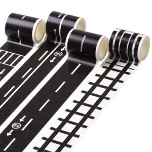 toyandona 4 rolls black tape, car road tape track toy diy traffic washi tape and traffic sign stickers kids race cars decorations party favor