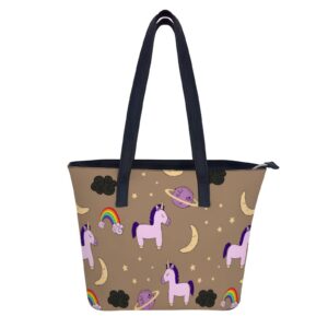 cartoon style unicorn women's tote bag pu leather shoulder bag handbags purse for work shopping travel