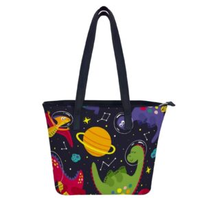 cute dinosaur in space women's tote bag pu leather shoulder bag handbags purse for work shopping travel