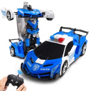 transform remote control car,rc police cars transforming robot toys for boys 4-7 8-12,deformation car toys with one button transformation 360 rotation xmas birthday gifts for boys (1：18)