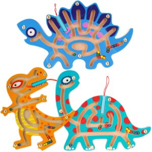 nitoy 3-pack wooden magnetic maze toys for kids 3+, dinosaur interactive puzzle game boards montessori labyrinth stem activity child fine motor skill development preschool birthday gifts (3 dinosaurs)