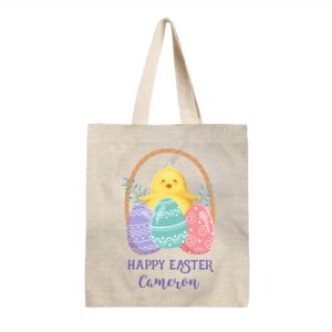 pattern pop - personalized easter tote bag - sturdy cotton blend canvas tote - 14” w x 15.25” h - personalized for you - ‘happy easter’ chick and easter eggs