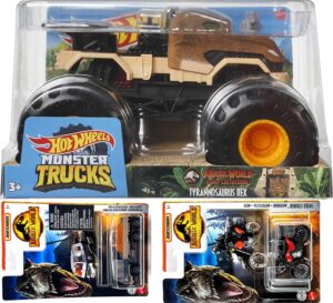 hot wheels camp monster t-rex dino action jam big wheels jurassic world bundle + cretaceous series monster truck with mini logo black