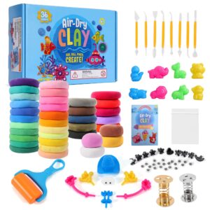 air dry clay (36 color kit), modeling clay (easy to mold), air dry clay, modeling clay for sculpting with sculpting tools, project booklet and decorative accessories