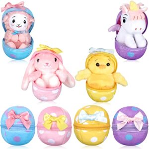 skylety 4 packs easter egg stuffed animals 6 inch easter eggs filled with llama unicorn chick rabbit plush inside for easter basket stuffers presents exchange party favors gifts