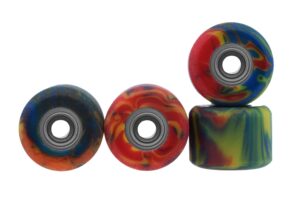 teak tuning apex 61d urethane fingerboard wheels - mini shorty shape, 6.6mm diameter - abec-9 stealth bearings - made in the usa - tie dye swirl colorway