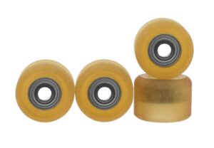 teak tuning apex 61d urethane fingerboard wheels - mini shorty shape, 6.6mm diameter - abec-9 stealth bearings - made in the usa - honey colorway