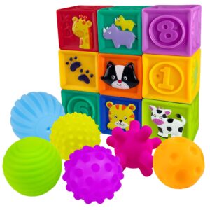 rohsce baby building toys & sensory toys set: 9 building blocks, 4 textured sensory balls - soft colorful baby teething & bath toys, stacking blocks toys, educational toys