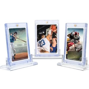 3 pack magnetic card holders for trading cards protector, 35 pt baseball card protector, acrylic hard cards sleeves case for baseball football sports game card storage and display (transparent blue)