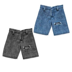 set of 2 pairs of jean shorts with holes for wrestling action figures: black & blue