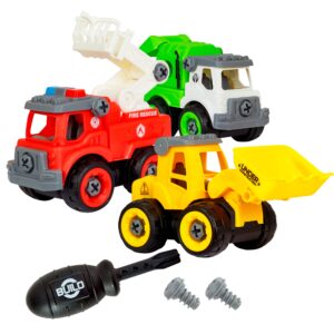 flybar power gearz take apart toy with screwdriver and screws- 3 pack truck set for boys and girls- fire truck, construction truck, garbage truck- vehicle set - building toys for kids ages 3-5