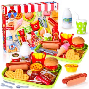 zomiboo pretend play food toy set for kid kitchen, fake food plastic burgers sandwich toys pretend food playset preschool role play kitchen restaurant sets christmas birthday gift for girls boys